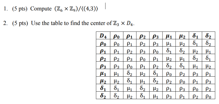 Solved 1. Compute (ℤ6 × ℤ9) ⁄ . 2. Use the table to | Chegg.com