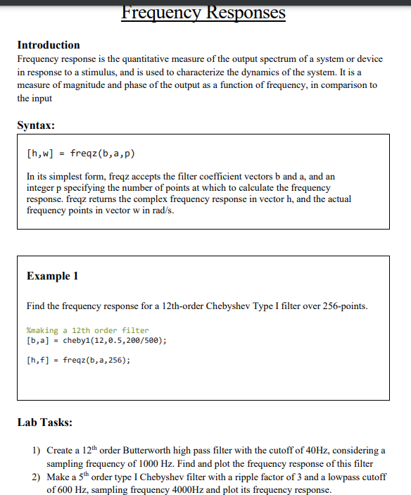 Solved Frequency Responses Introduction Frequency response | Chegg.com