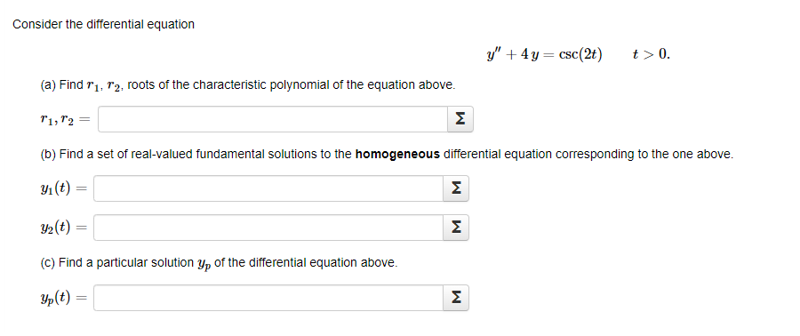 Solved Consider the differential equation y′′+4y=csc(2t)t>0 | Chegg.com