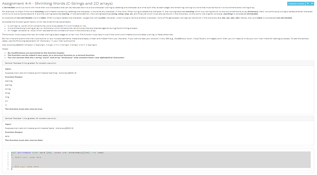 Solved Assignment 4-A - Shrinking Words (C-Strings and 2D | Chegg.com