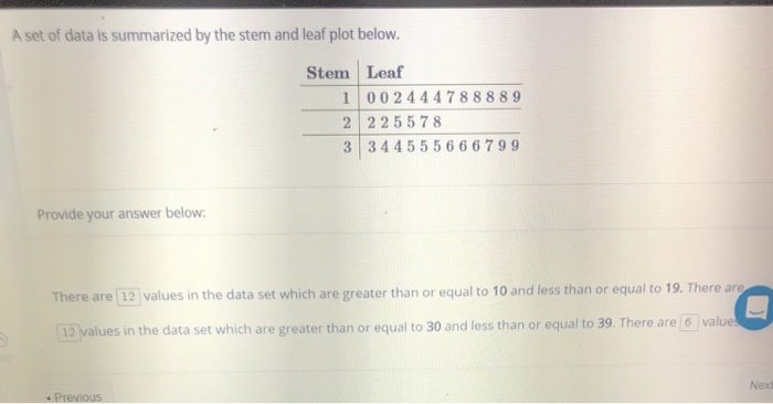 Solved A set of data is summarized by the stem and leaf plot | Chegg.com