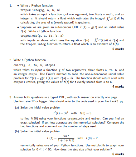 Solved 1. . Write a Python function trapez_integ(g, a, b, n) | Chegg.com