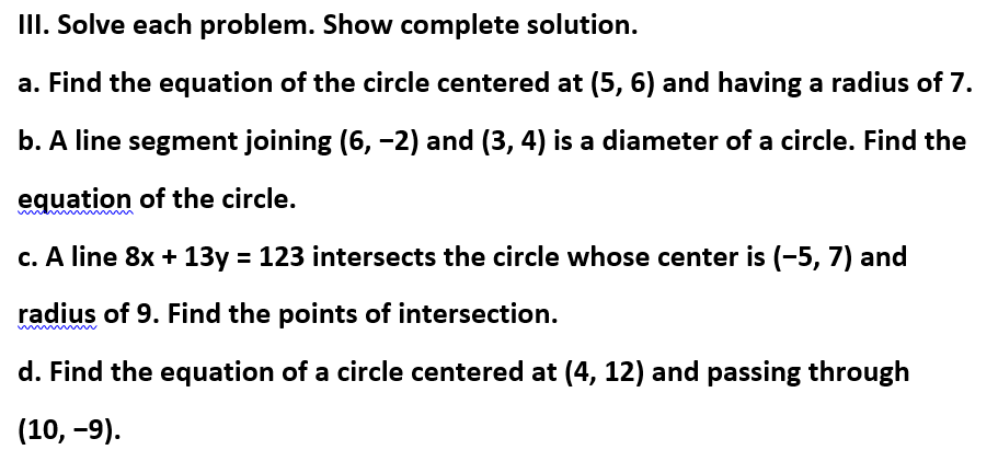 Solved III. Solve each problem. Show complete solution. a. | Chegg.com