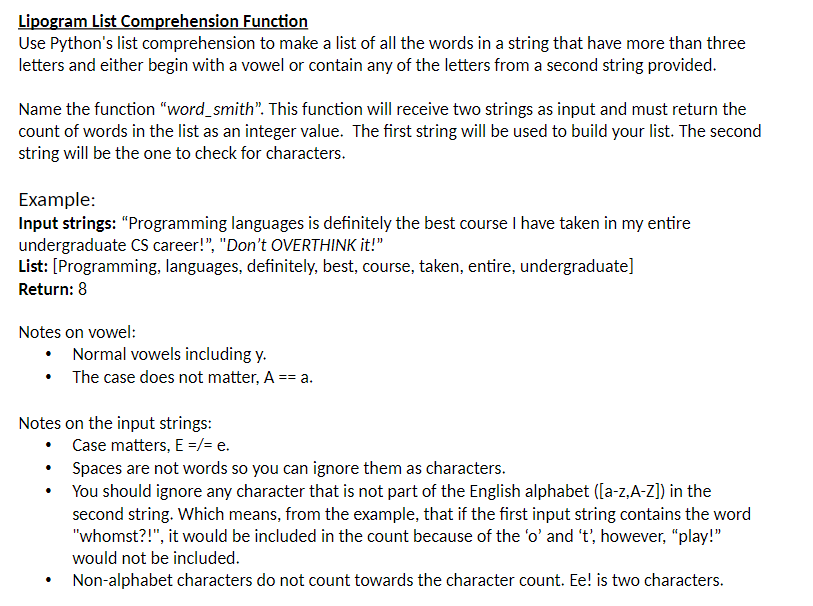 Solved Lipogram List Comprehension Function Use Python's | Chegg.com