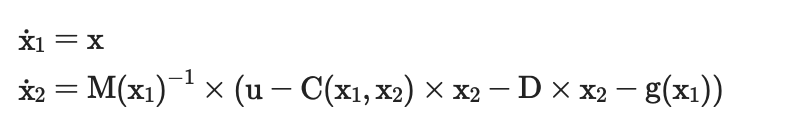 Solved x˙1=xx˙2=M(x1)−1×(u−C(x1,x2)×x2−D×x2−g(x1)) | Chegg.com
