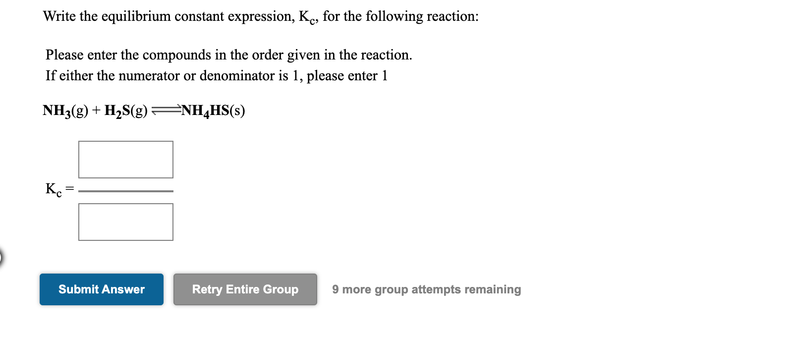 Solved Write the equilibrium constant expression, Kc, for | Chegg.com