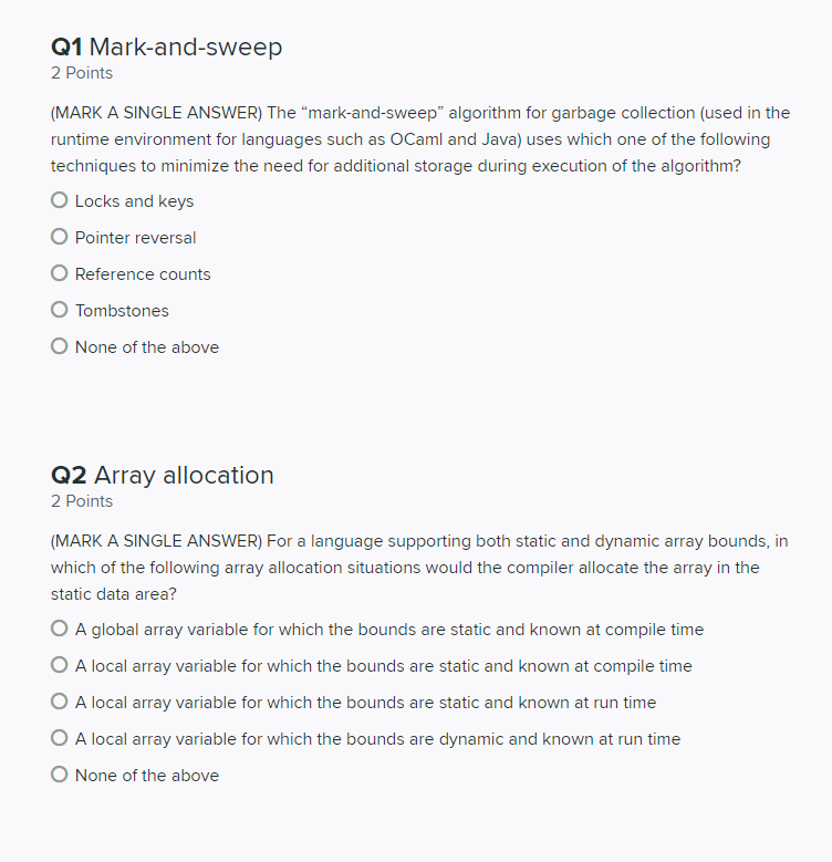 Solved Q1 Mark-and-sweep 2 Points (MARK A SINGLE ANSWER) The | Chegg.com