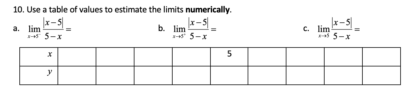 Solved 10. Use a table of values to estimate the limits | Chegg.com
