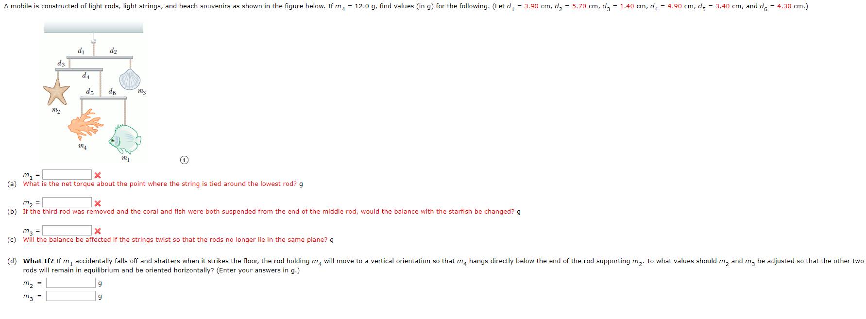 Solved A mobile is constructed of light rods, light strings, | Chegg.com