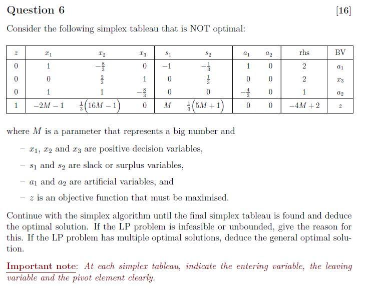 Solved Question 6 Consider the following simplex tableau | Chegg.com