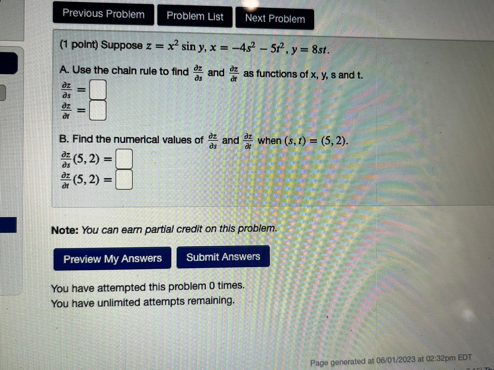 Solved (1 point) Suppose z=x2siny,x=−4s2−5t2,y=8st A. Use | Chegg.com
