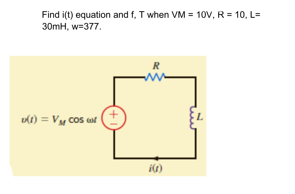 Solved Find i(t) equation and f,T when VM=10 V,R=10, L= | Chegg.com