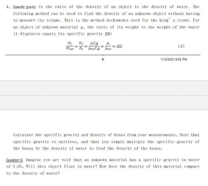 Solved 4. Specific gravity is the ratio of the density of an | Chegg.com