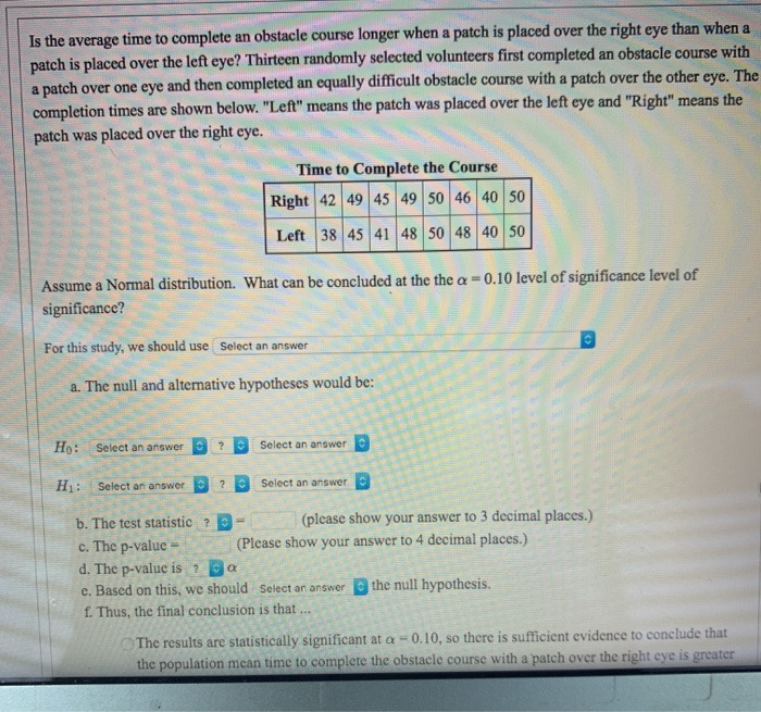 Solved Is the average time to complete an obstacle course | Chegg.com