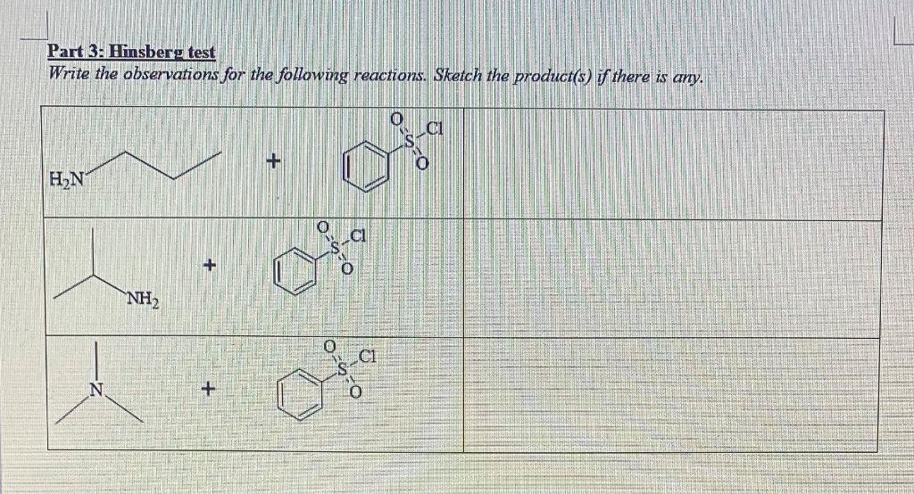 Solved Part 3: Hinsberg test Write the observations for the | Chegg.com