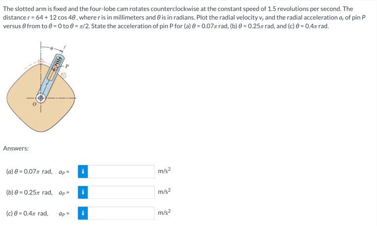 Solved The slotted arm is fixed and the four-lobe cam | Chegg.com
