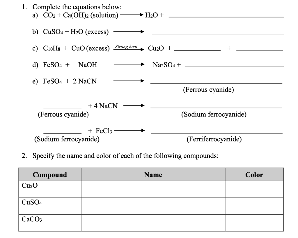 Solved 1. Complete the equations below: a) CO2 + Ca(OH)2 | Chegg.com
