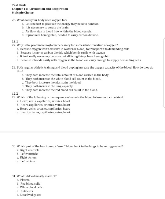 Solved Test Bank Chapter 12: Circulation and Respiration | Chegg.com