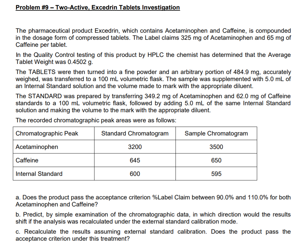 Problem #9 - Two-Active, Excedrin Tablets | Chegg.com