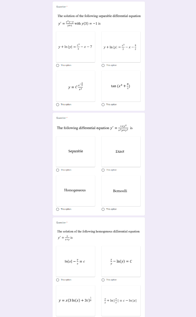 Solved Question The solution of the following separable | Chegg.com