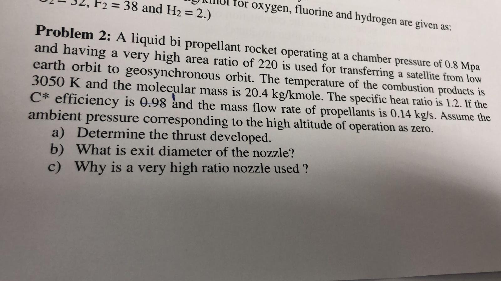 Solved Problem 2: A liquid bi propellant rocket operating at | Chegg.com