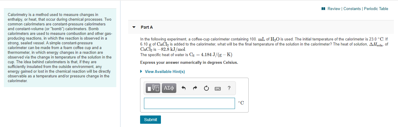 Solved Review | Constants Periodic Table Part A Calorimetry | Chegg.com