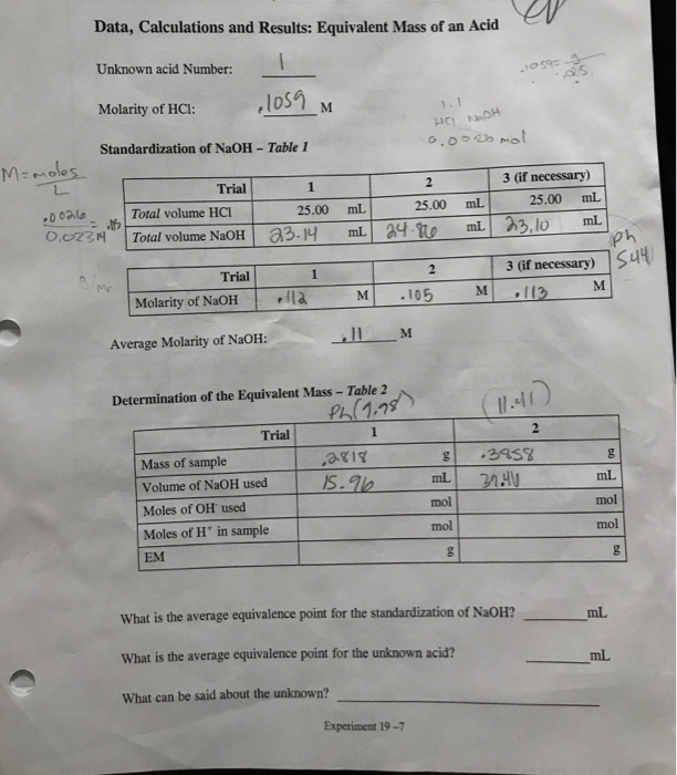 Solved Data, Calculations and Results: Equivalent Mass of an | Chegg.com