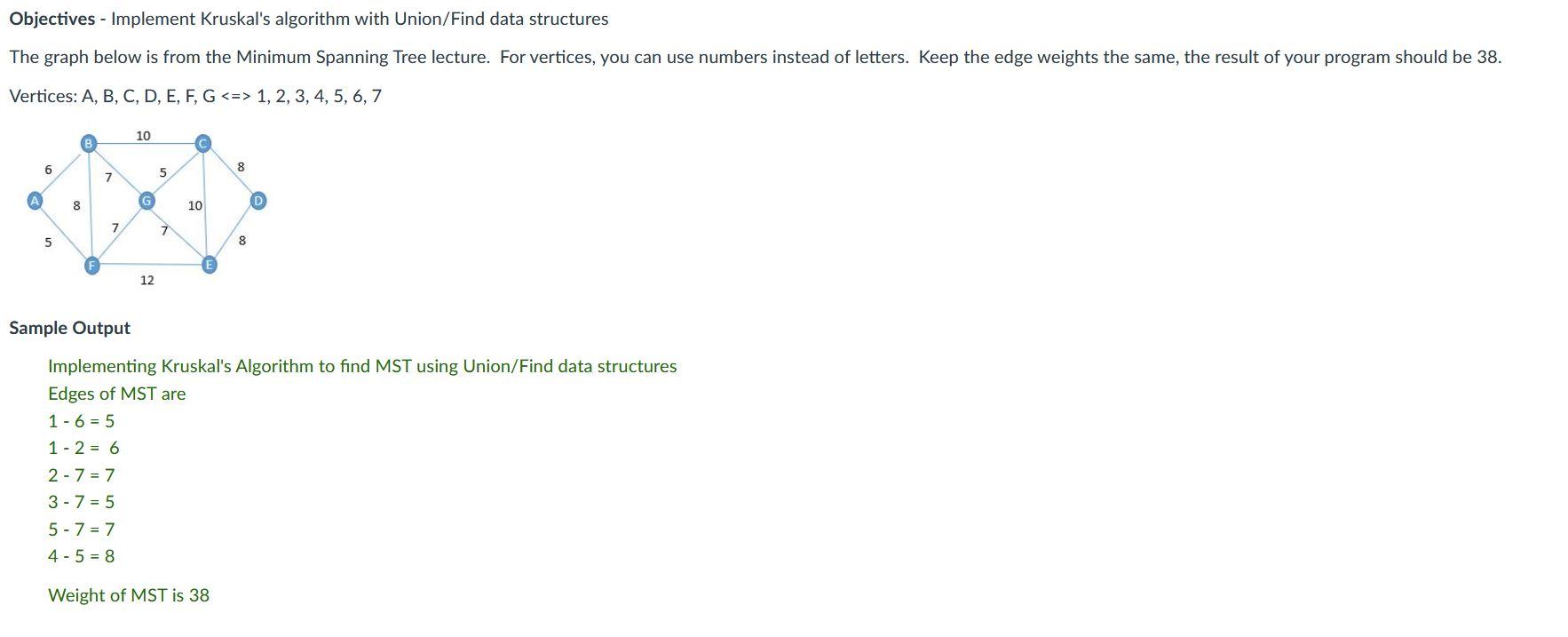 Objectives - Implement Kruskal's algorithm with | Chegg.com