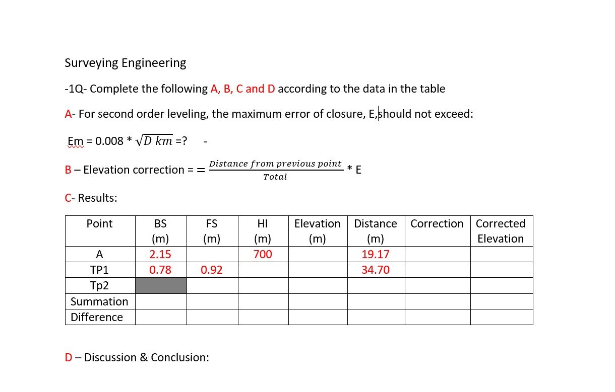 Solved Surveying Engineering -1Q- Complete the following A, | Chegg.com
