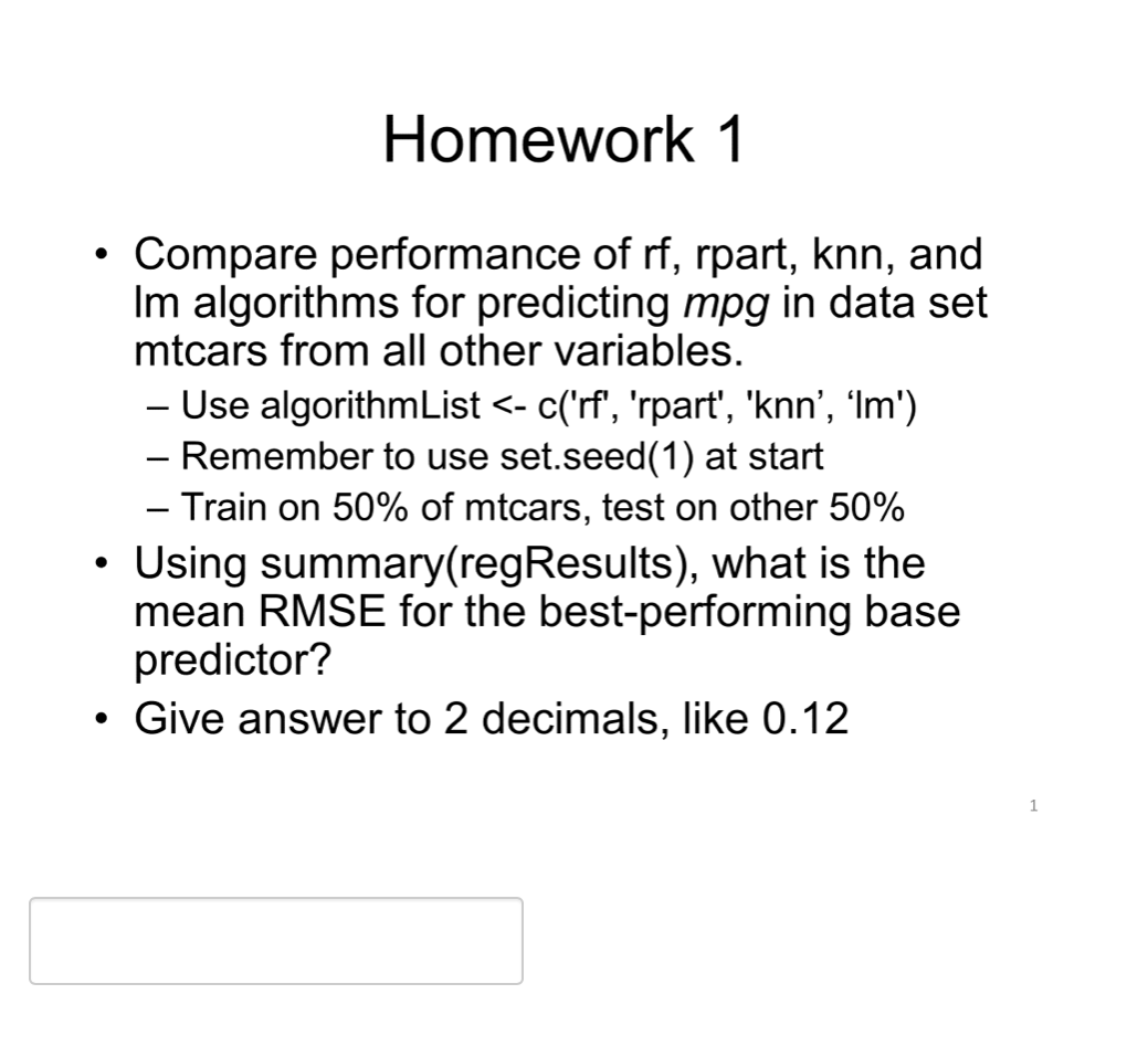 Solved Homework 1Compare performance of rf, ﻿rpart, knn, | Chegg.com