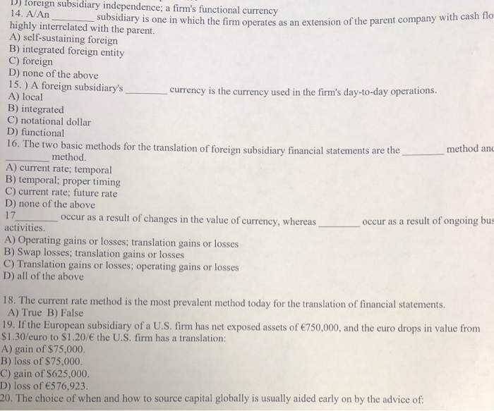 Solved U) foreign subsidiary independence; a firm's | Chegg.com