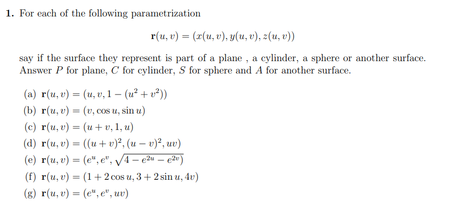 Solved 1. For each of the following parametrization | Chegg.com