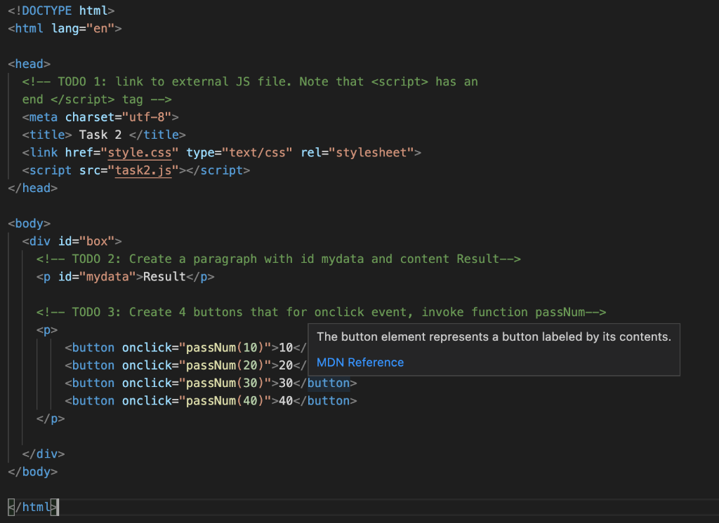 Solved Task 2. Edit task2.html and task2.js (1) Link your | Chegg.com