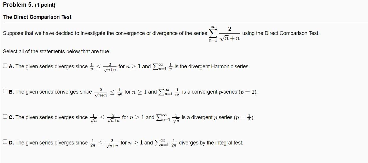 Solved Problem 5. (1 point) The Direct Comparison Test 2 | Chegg.com