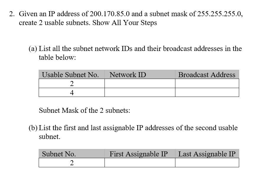 Solved 2. Given an IP address of 200.170.85.0 and a subnet | Chegg.com
