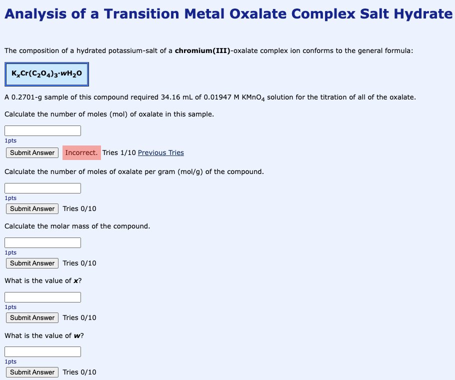 Solved Analysis of a Transition Metal Oxalate Complex Salt | Chegg.com