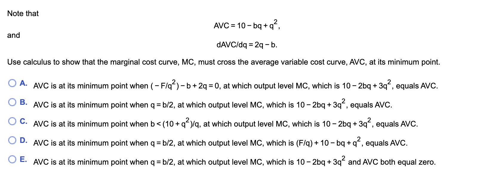 Solved Note that AVC10bq ,and dAVC/dq2qb.Part 13Use calculus | Chegg.com