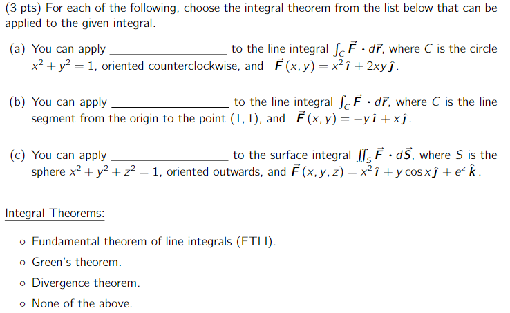 Solved (3 pts) For each of the following, choose the | Chegg.com