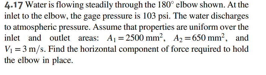 Solved 4.17 Water is flowing steadily through the 180° elbow | Chegg.com