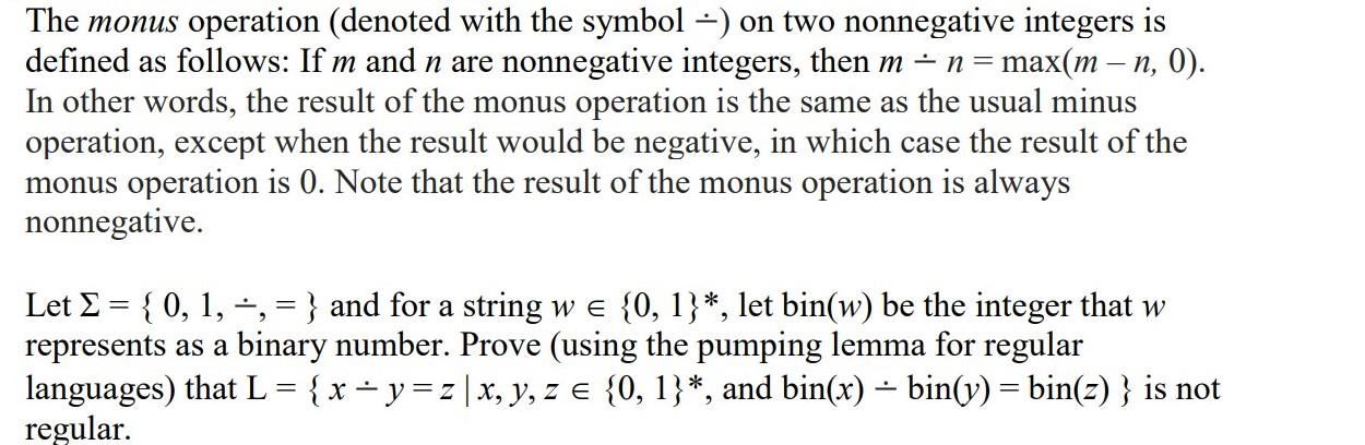 Solved The monus operation (denoted with the symbol - ) on | Chegg.com