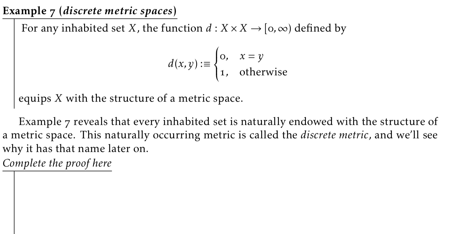 Solved Example 7 (discrete metric spaces) For any inhabited | Chegg.com