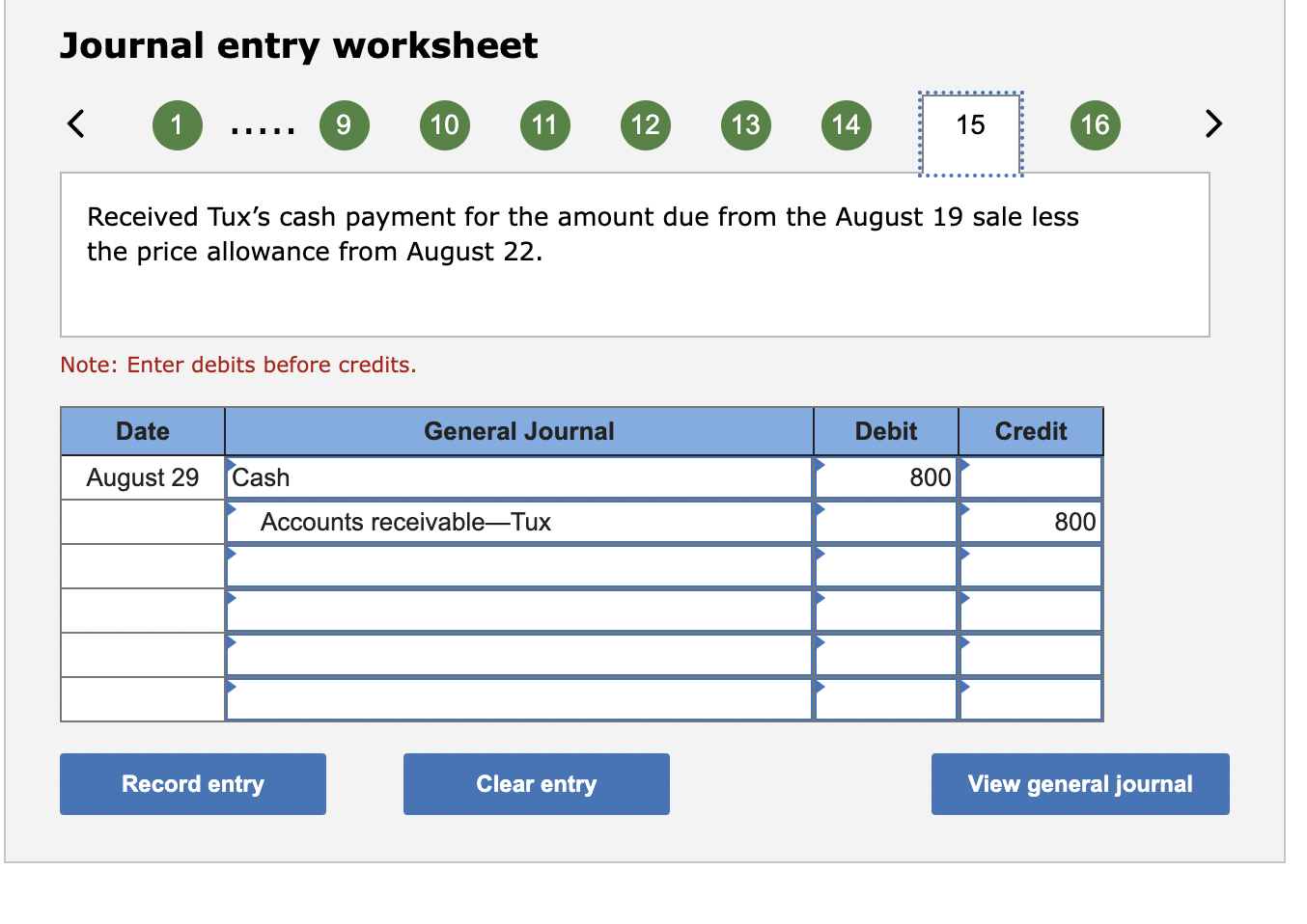 Solved Journal entry worksheet 1 9 12 13 14 15 Received | Chegg.com