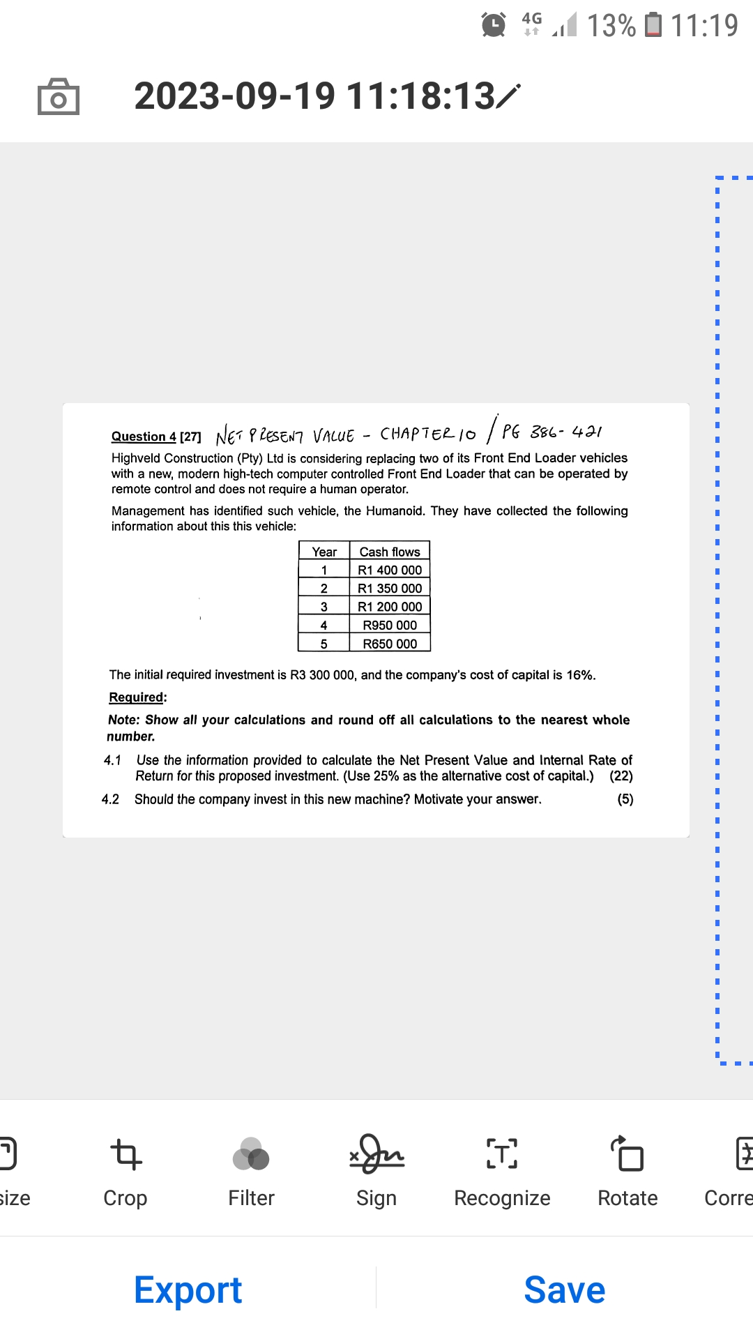 Solved (C) 13\% 11:19 2023-09-19 11:18:13/ Question 4 [27] | Chegg.com