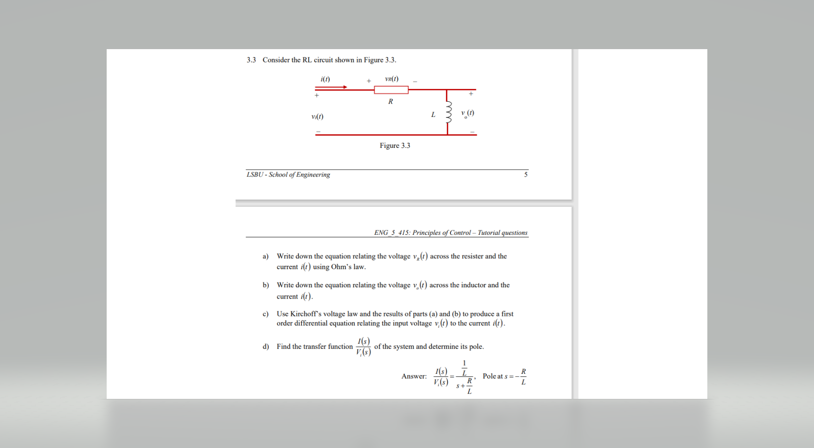 Solved 3.3 Consider the RL circuit shown in Figure 3.3. i(1) | Chegg.com