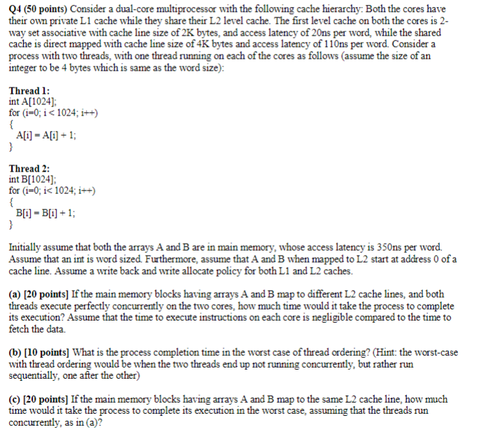 Solved Q4 (50 points) Consider a dual-core multiprocessor | Chegg.com