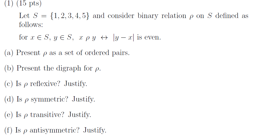 Let S={1,2,3,4,5} and consider binary relation ρ on S | Chegg.com