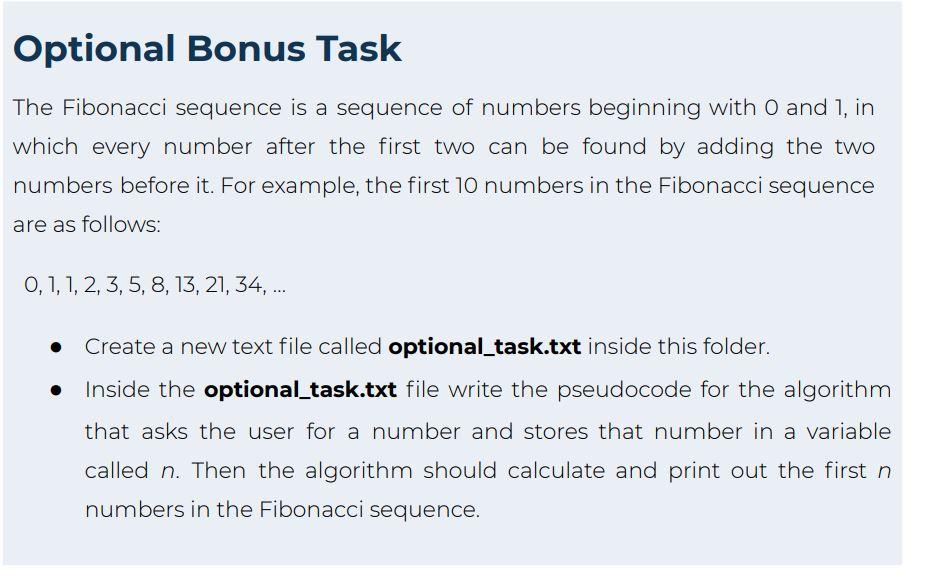 Solved Optional Bonus Task The Fibonacci sequence is a | Chegg.com