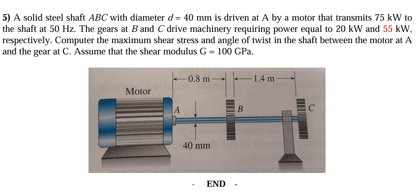 Solved 5) ﻿A solid steel shaft \( ﻿A B C \) ﻿with diameter | Chegg.com