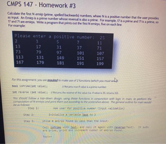 Solved CMPS 147- Homework #3 Calculate the first N emirp | Chegg.com