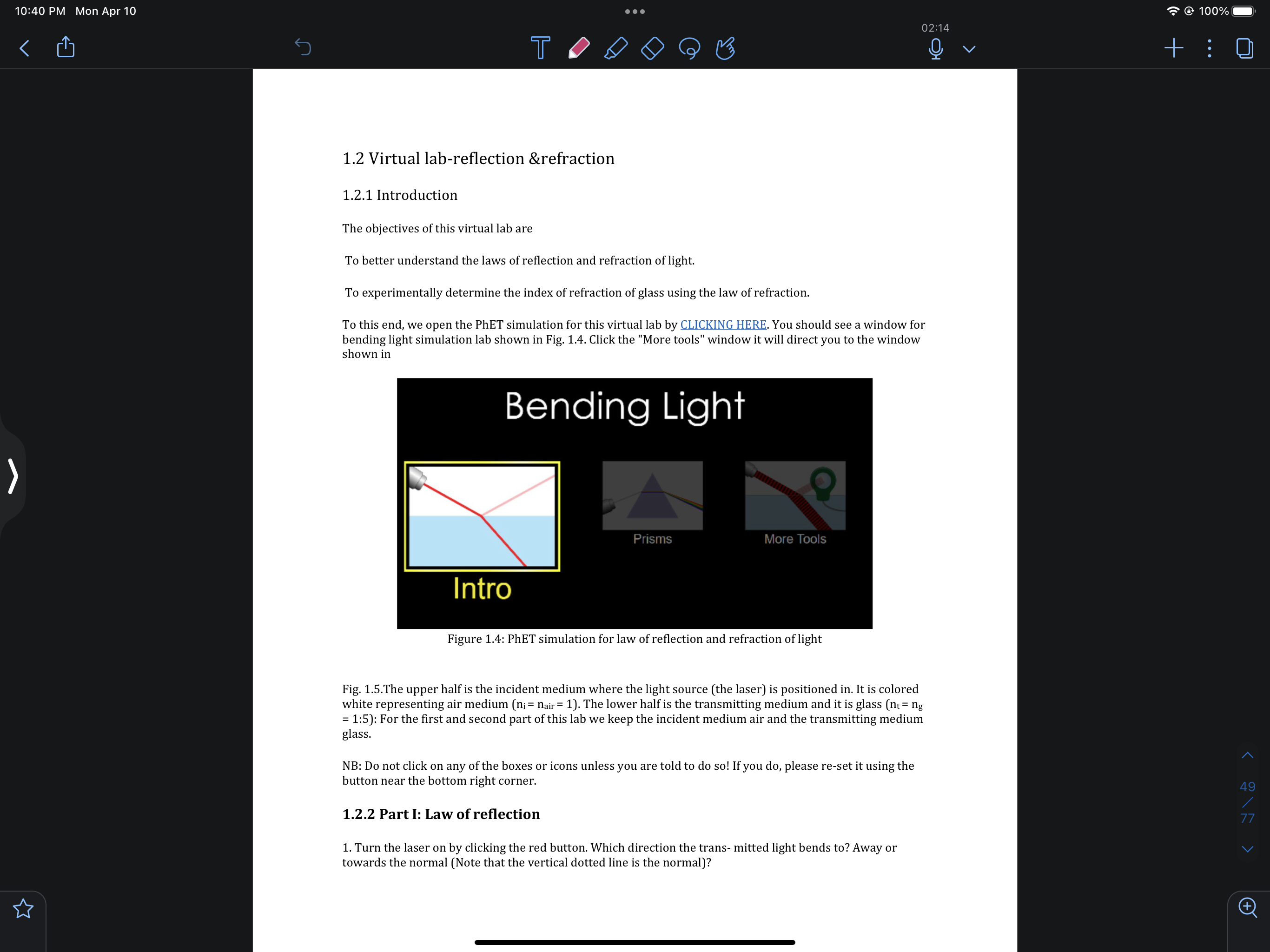 1.2 Virtual lab-reflection \&refraction 1.2.1 | Chegg.com